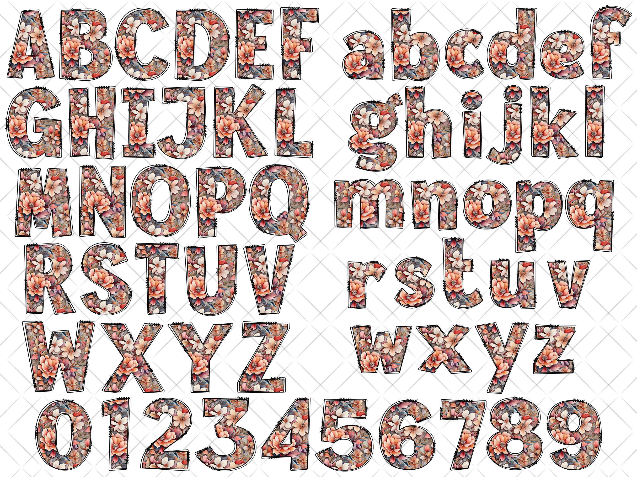 Boho Flowers Alpha Doodle Letters | Colorful Boho Style PNG Font ...