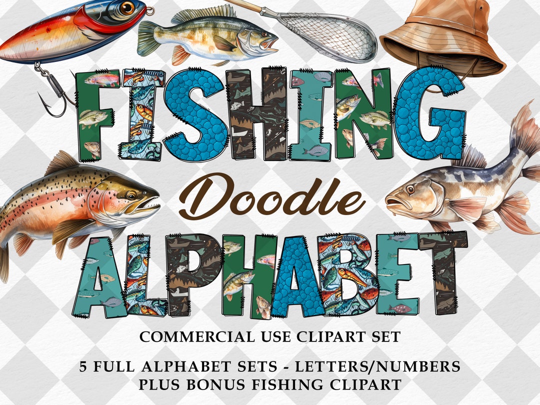 Fishing Doodle Alphabet Bundle | Fishing Letters | 5 Full Uppercase ...