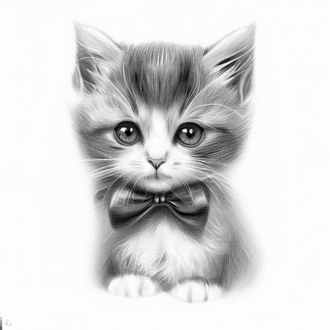 Printable Drawing of Kitten With Bow Tie, Wall Decoration Art, Baby ...