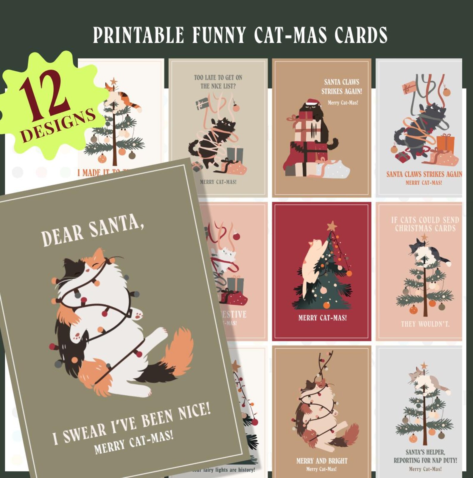 Funny Cat Christmas Cards, in Unique Illustrations | Cat-mas Card Set ...