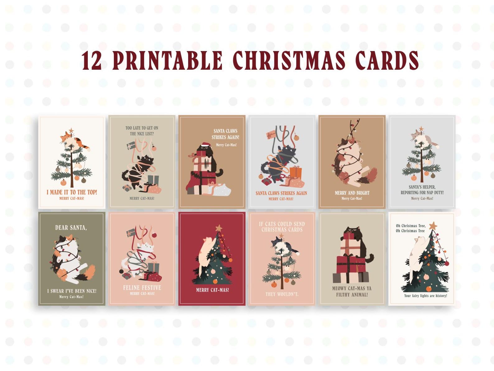 Funny Cat Christmas Cards, in Unique Illustrations | Cat-mas Card Set ...
