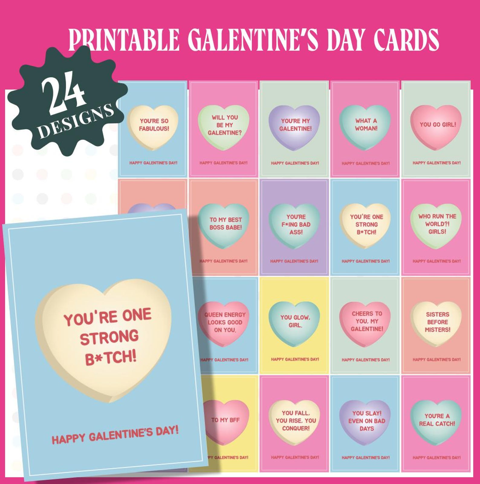 24 Printable Galentine's Day Card Set | Conversation Hearts Cards for ...