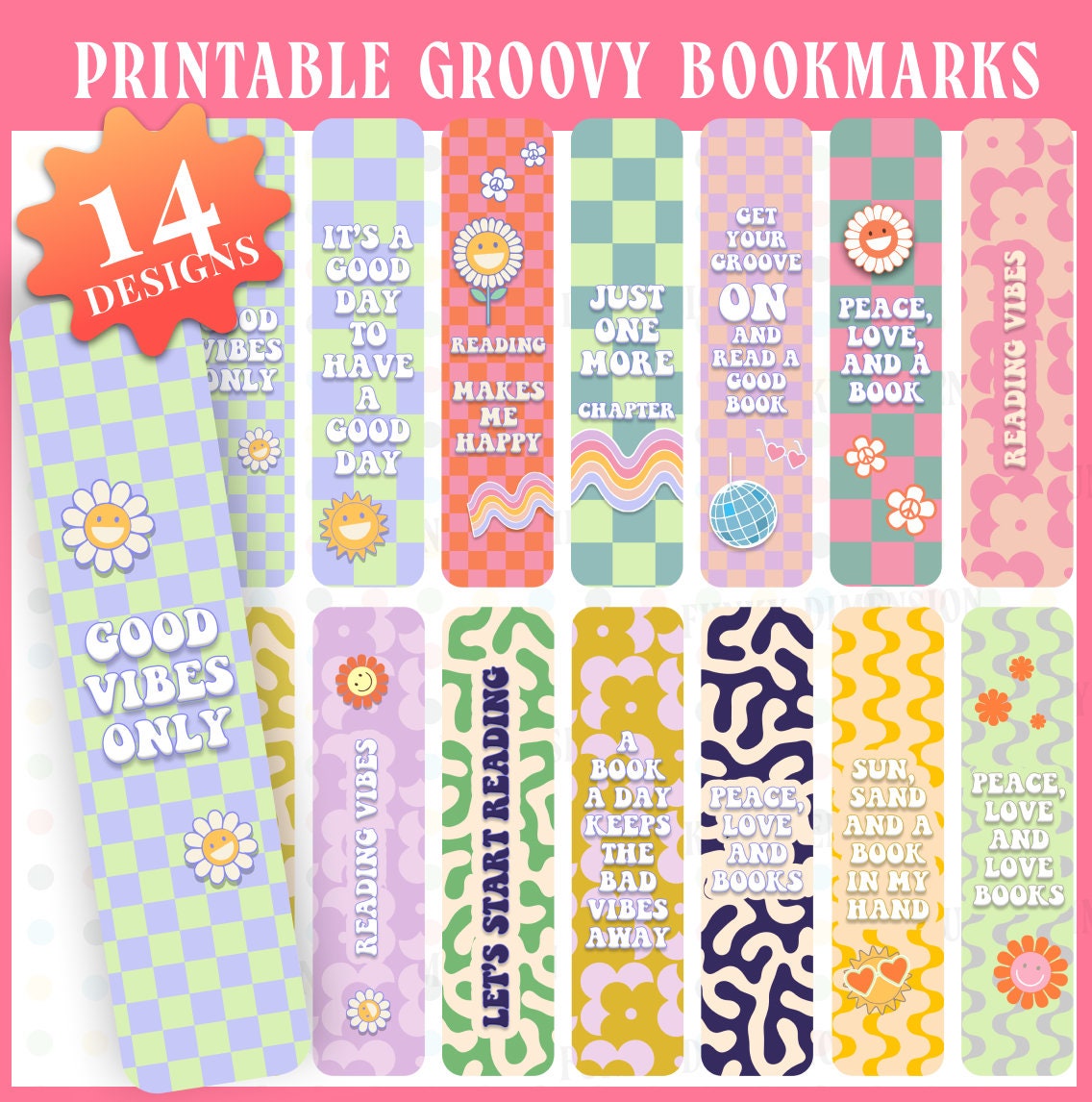 14 Printable Groovy Bookmarks Book Readers Girly Hippie Retro Pattern ...