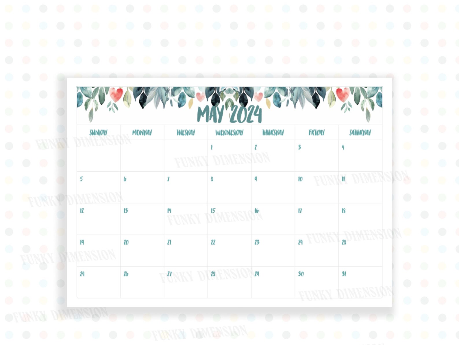 May Calendar With Watercolor Design: Elegant, Simple Layout for Spring ...