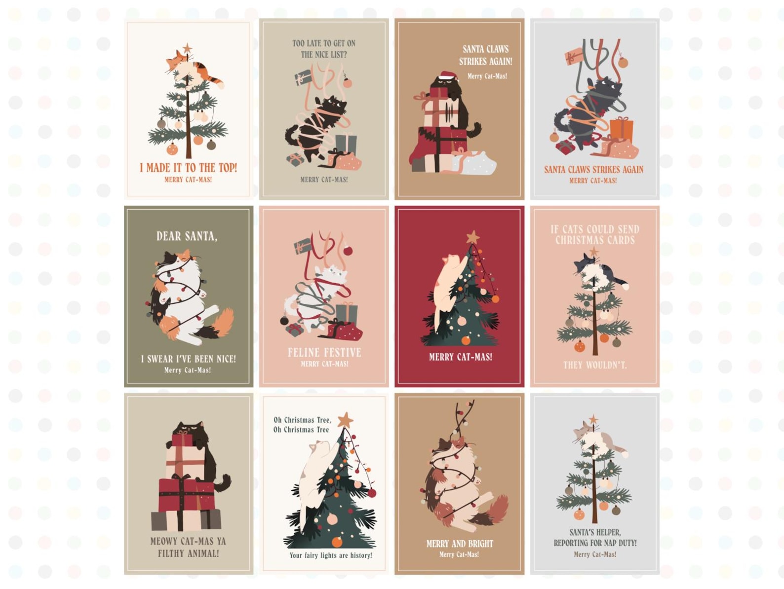 Funny Cat Christmas Cards, in Unique Illustrations | Cat-mas Card Set ...