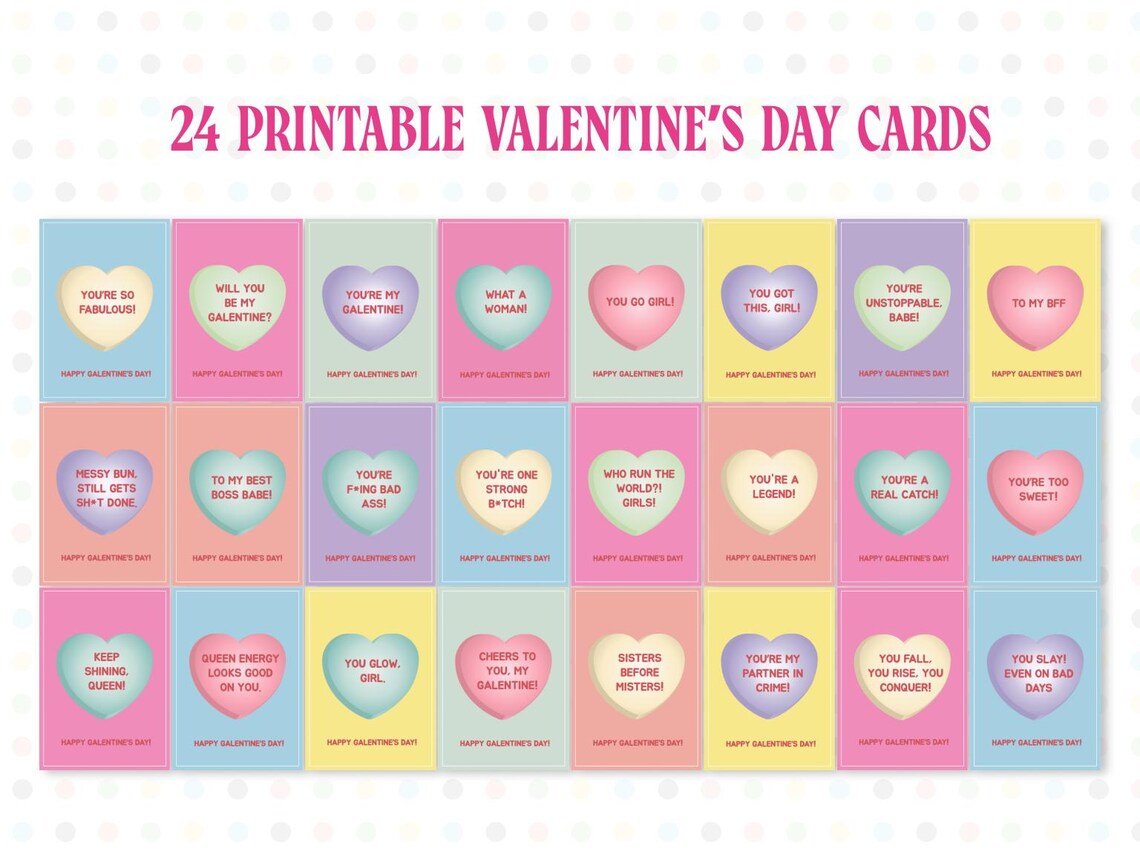 24 Printable Galentine's Day Card Set | Conversation Hearts Cards for ...