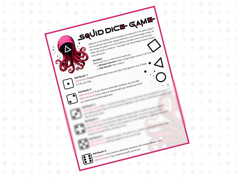 Squid Dice Game Party Games Family Game Night Squid Game Show Printable ...