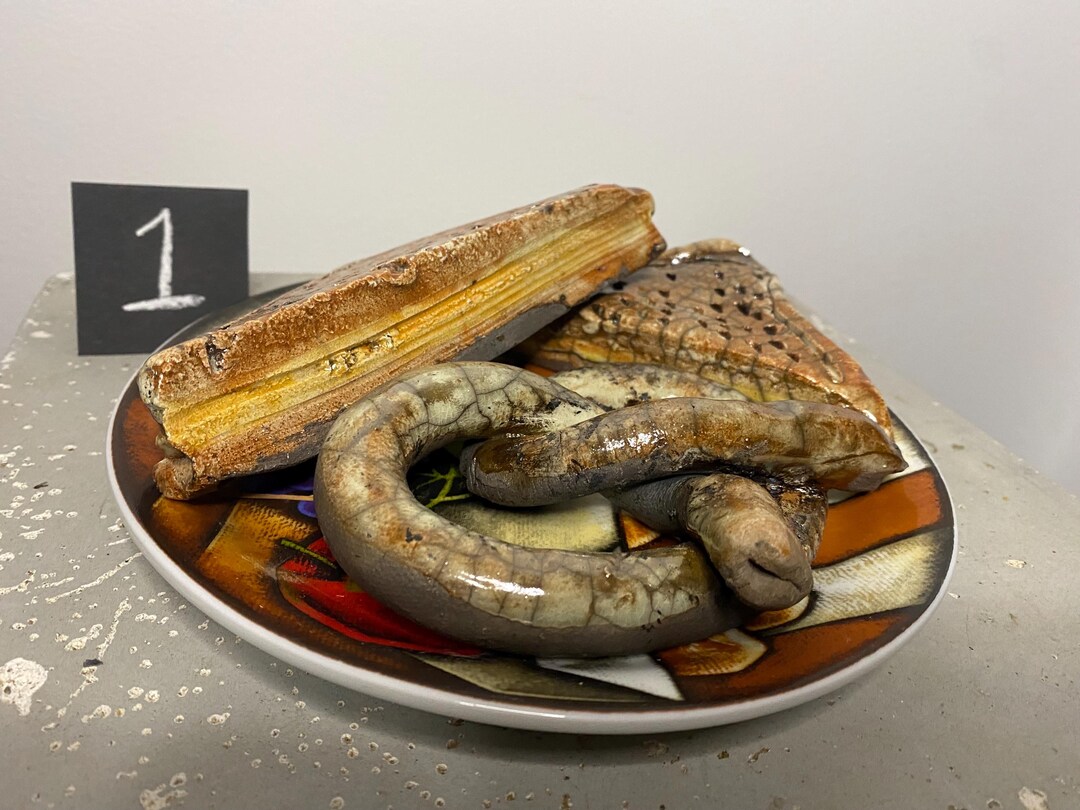 One-of-a-kind Raku Food Sculptures - Grilled Cheese & Pretzels ...