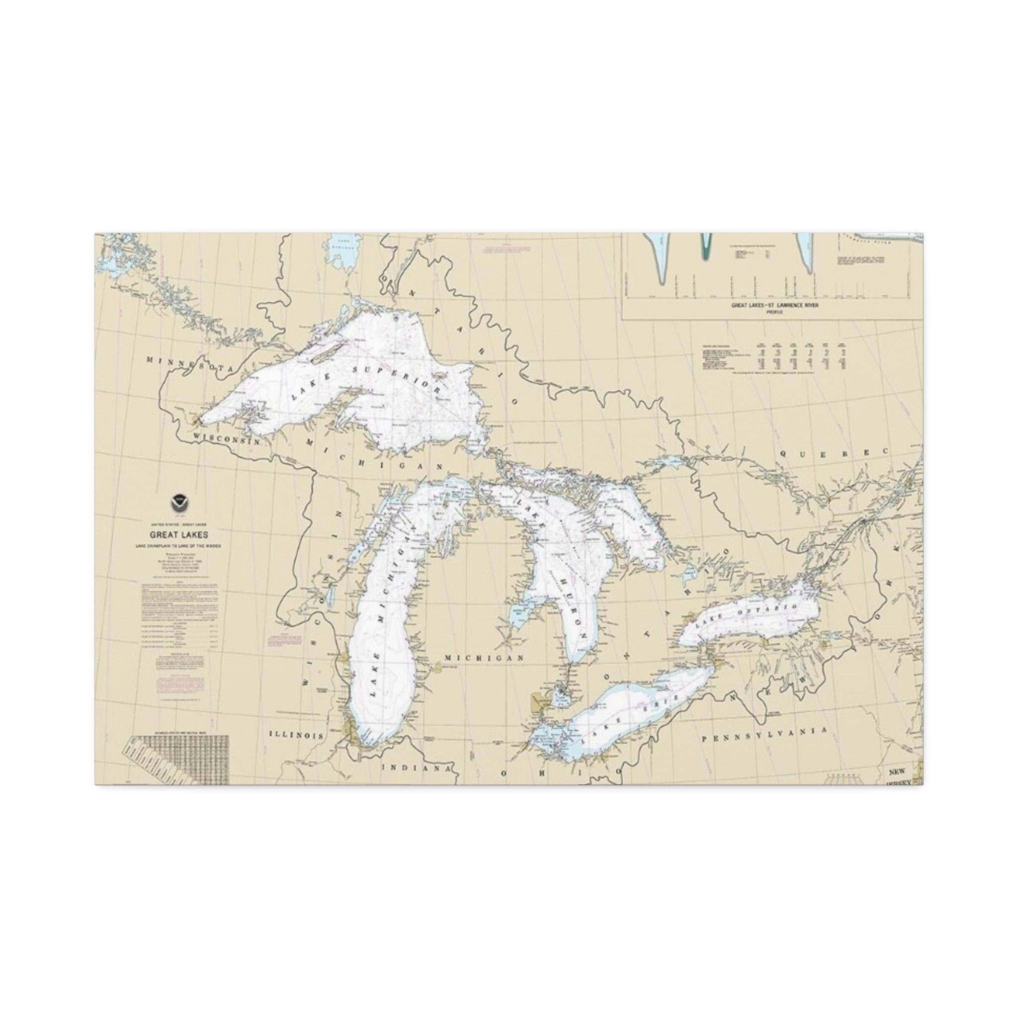Great Lakes Chart Map Canvas Stretched, 1.5'' Wall Art. Perfect for the ...