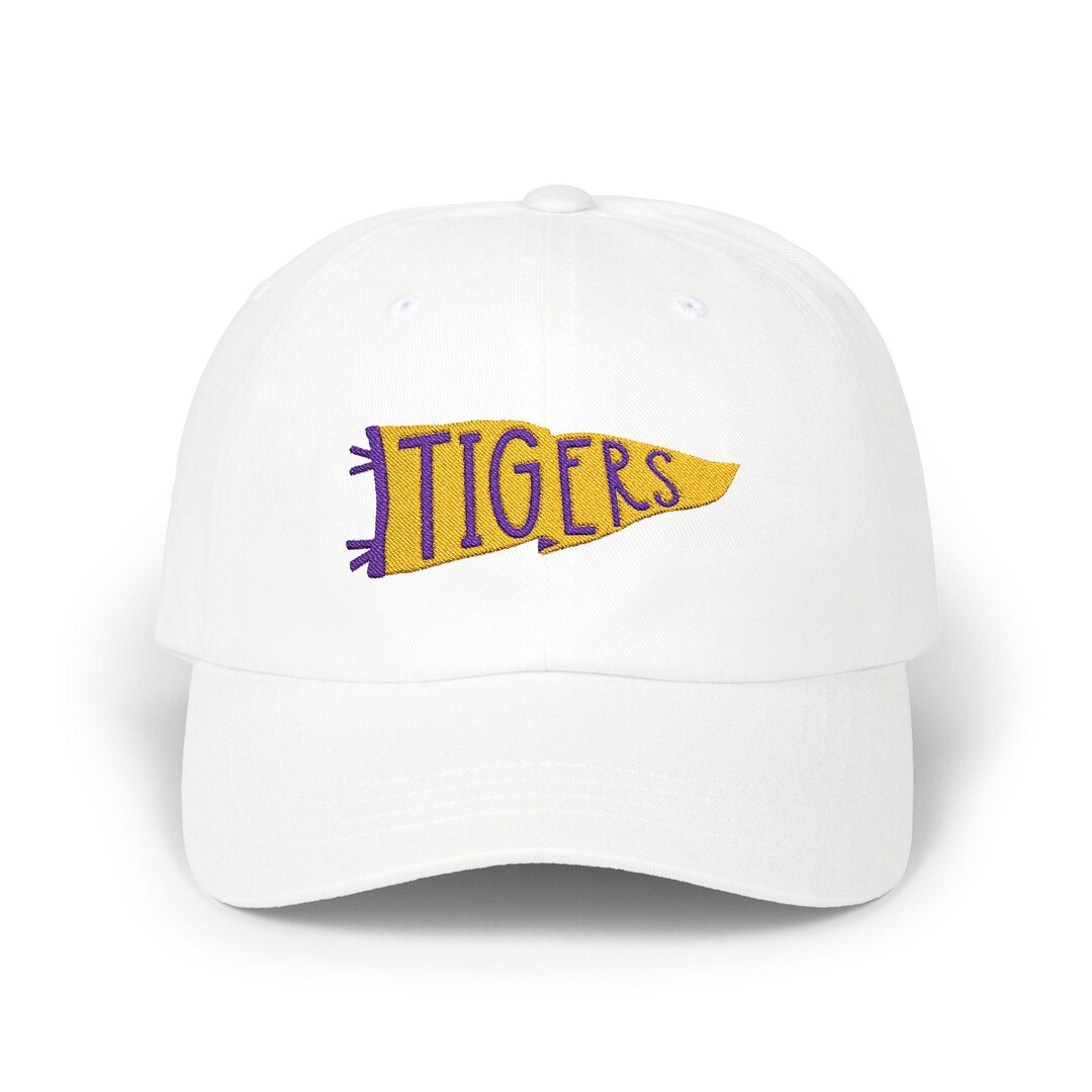 Tigers Pennant Embroidered Classic Dad Cap, White Cap, Purple and Gold ...