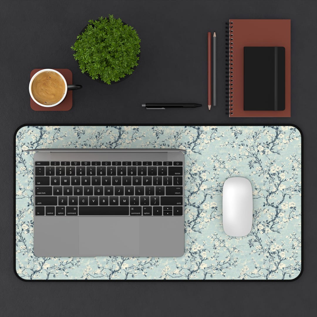 Teal Toile Patterned Desk Mat, Teal and White Floral Fabric Pattern ...