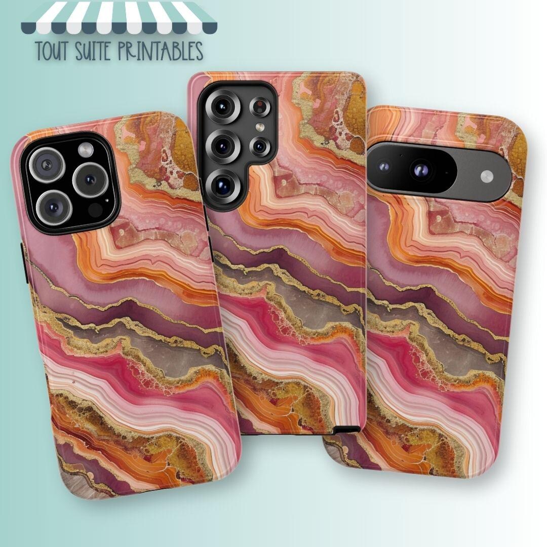 Pink Marble Tough Phone Cases, Pink Orange Gold, Compatible With iPhone ...
