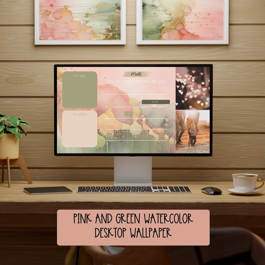 Desktop Wallpaper | Pink and Green Watercolor - Etsy