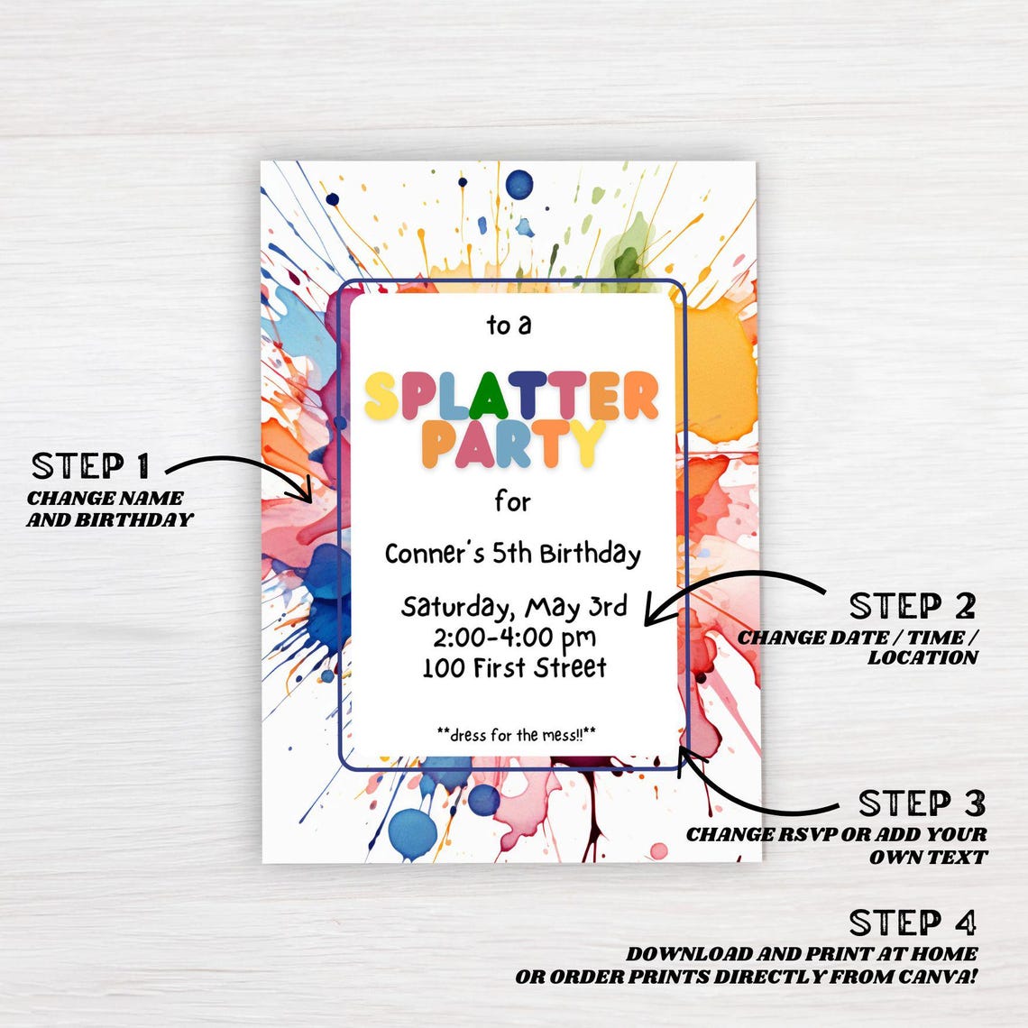 Splatter Paint Party Invitation, Paint Birthday Invite, Canva 5x7 ...