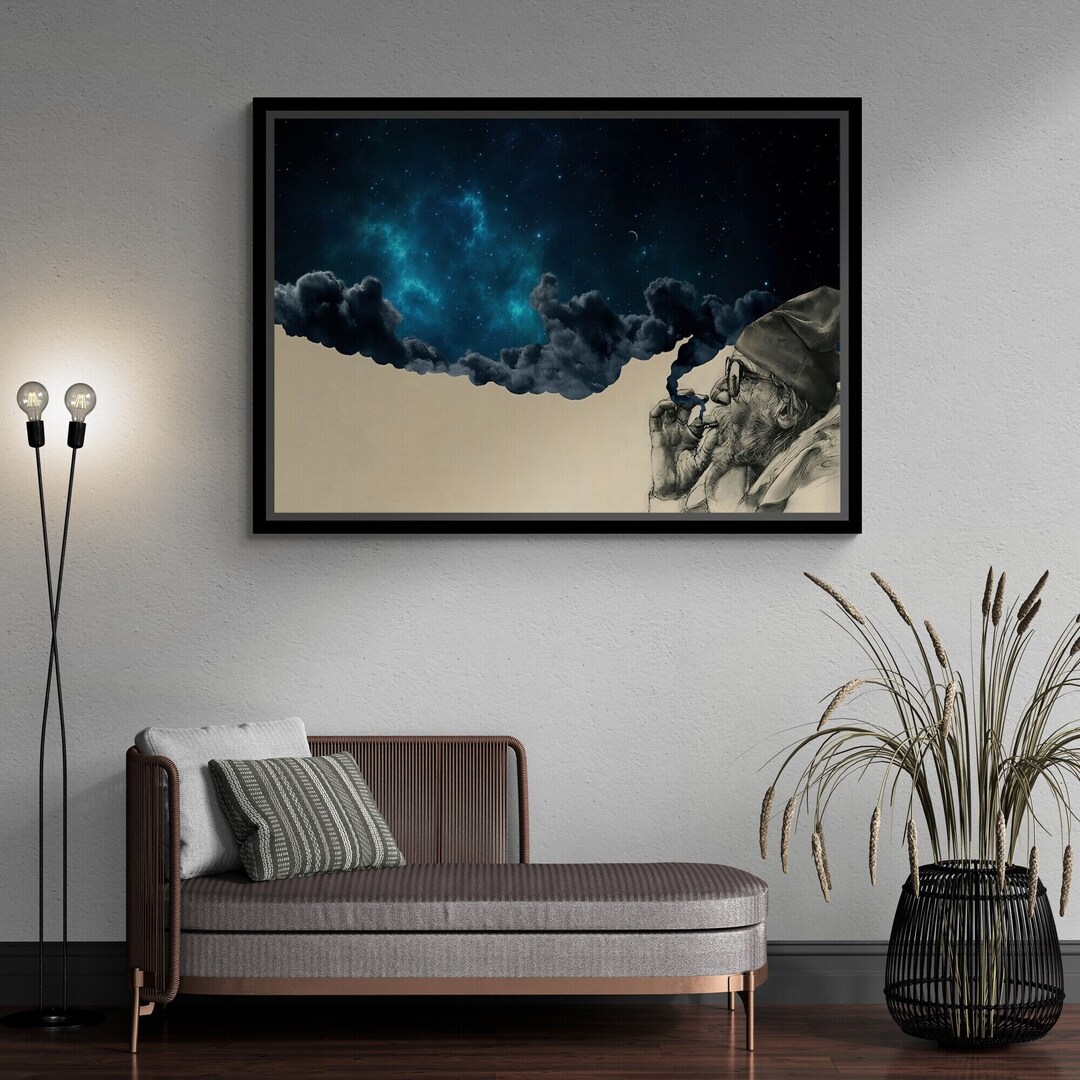 Smoking in Space Wall Art, Starry Sky Framed Canvas, Old Man Smoking ...