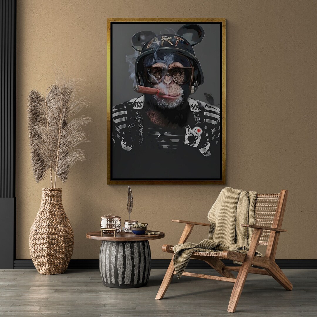 Artist Monkey Wall Art, Cigar Smoking Monkey Framed Canvas, Animals ...