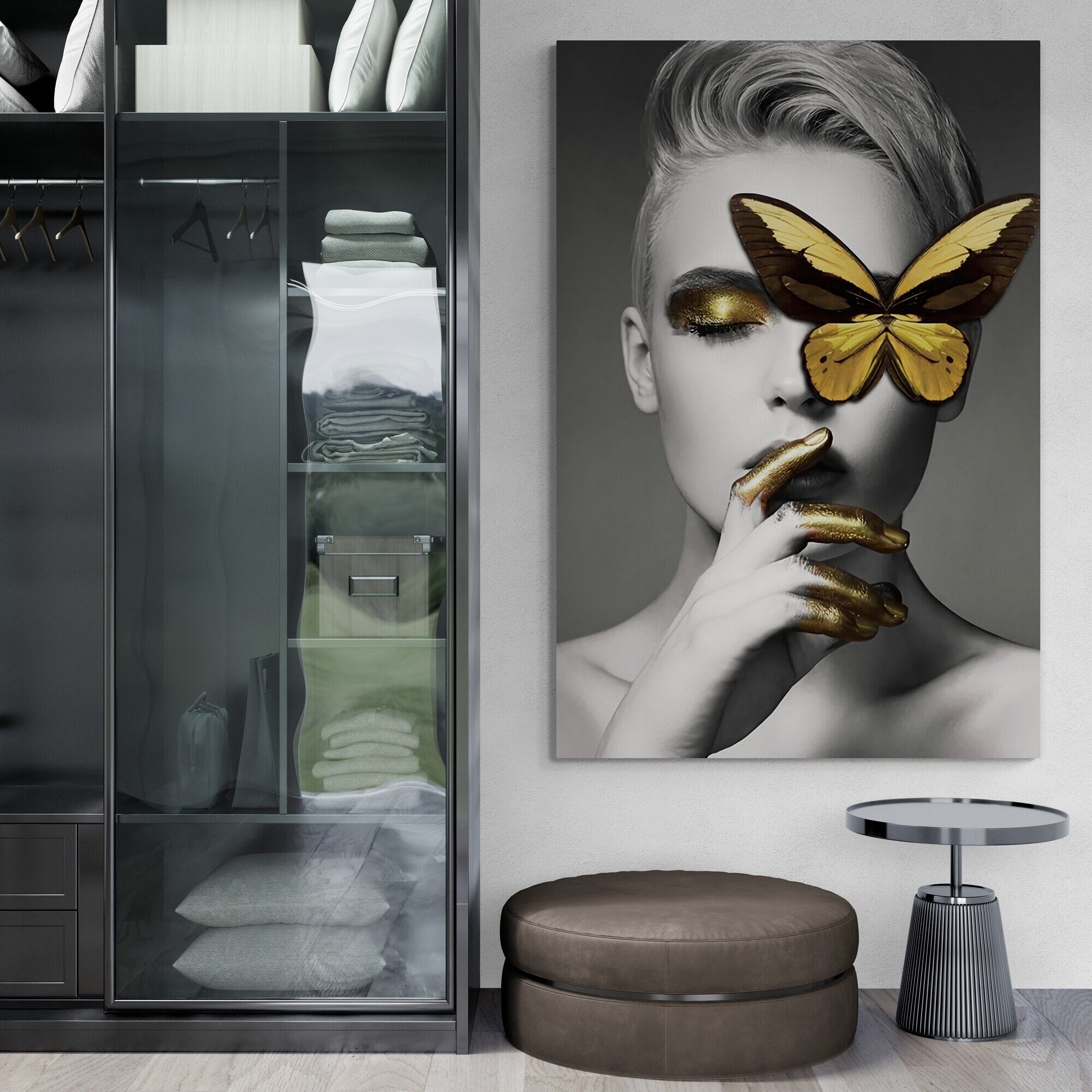 Golden Butterfly Wall Art, Butterfly Woman Face Framed Golden Butterfly Wall Art, Butterfly Woman Face Framed