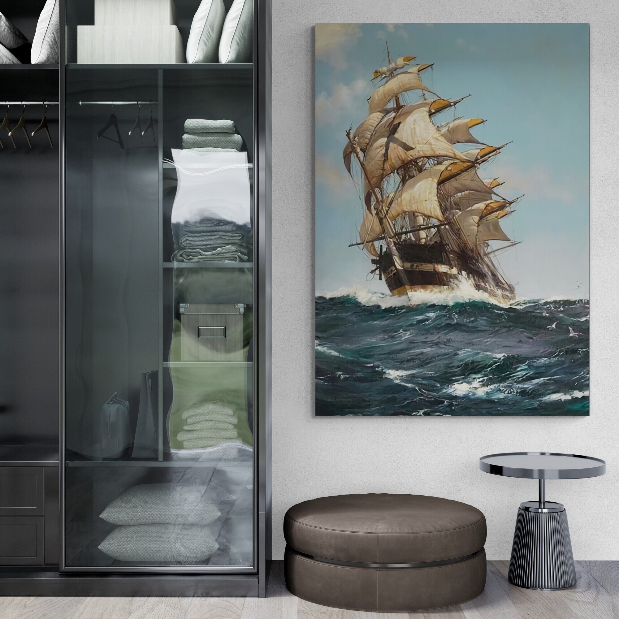 Sailing Ship Wall Art Seascape Framed Canvas Ship Wall Art Wavy Sea