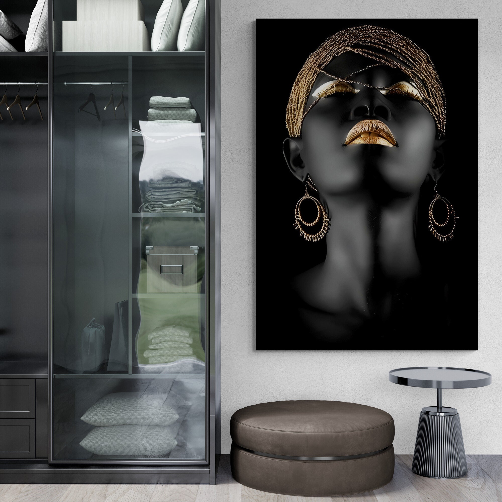 African Woman Wall Art, Black Woman Face Framed Canvas, Golden Lips Wall Art, Black Woman Canvas ...