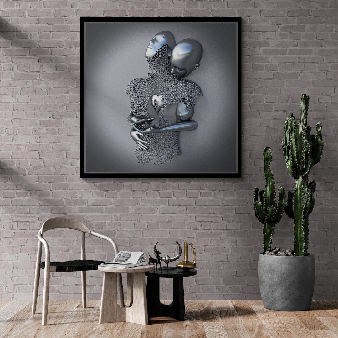 Metallic Couple Hugging Wall Art, Metallic Love Framed Canvas, Metallic ...