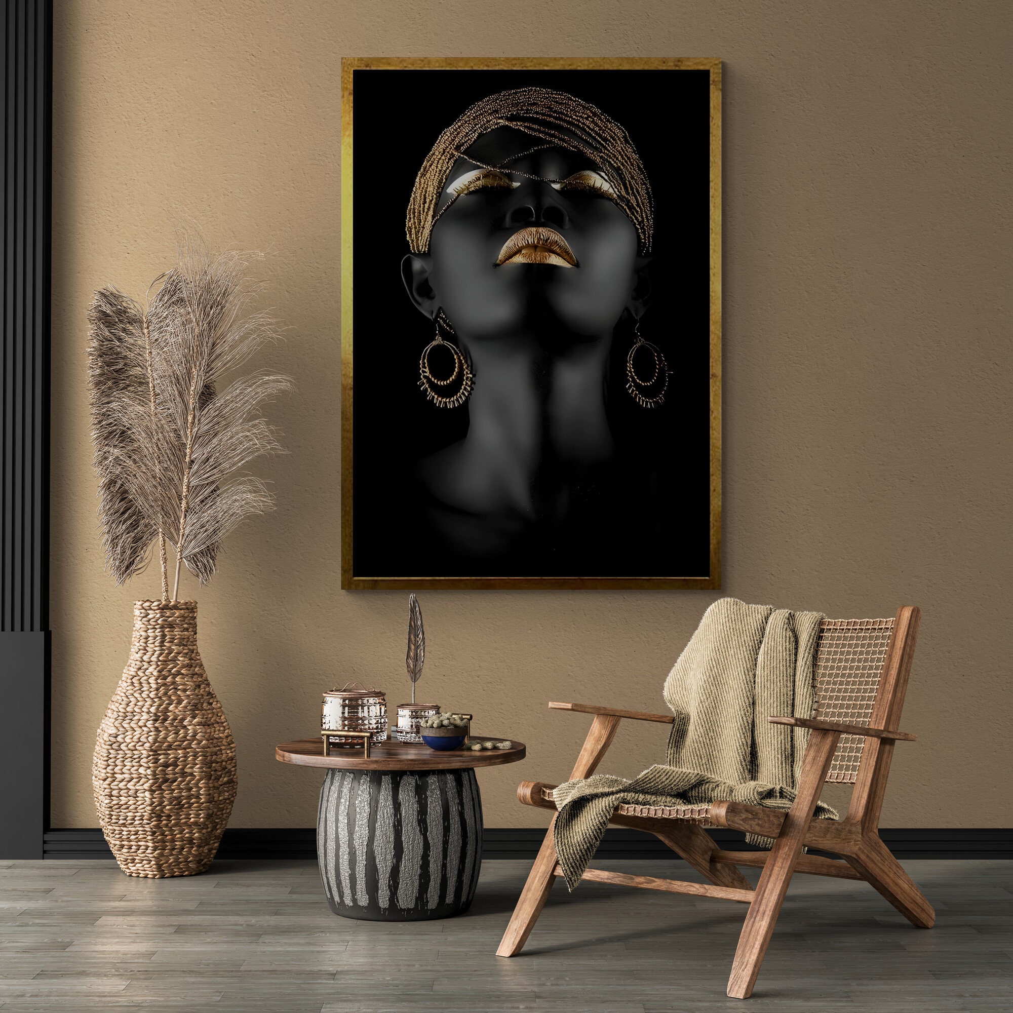 African Woman Wall Art, Black Woman Face Framed Canvas, Golden Lips Wall Art, Black Woman Canvas ...
