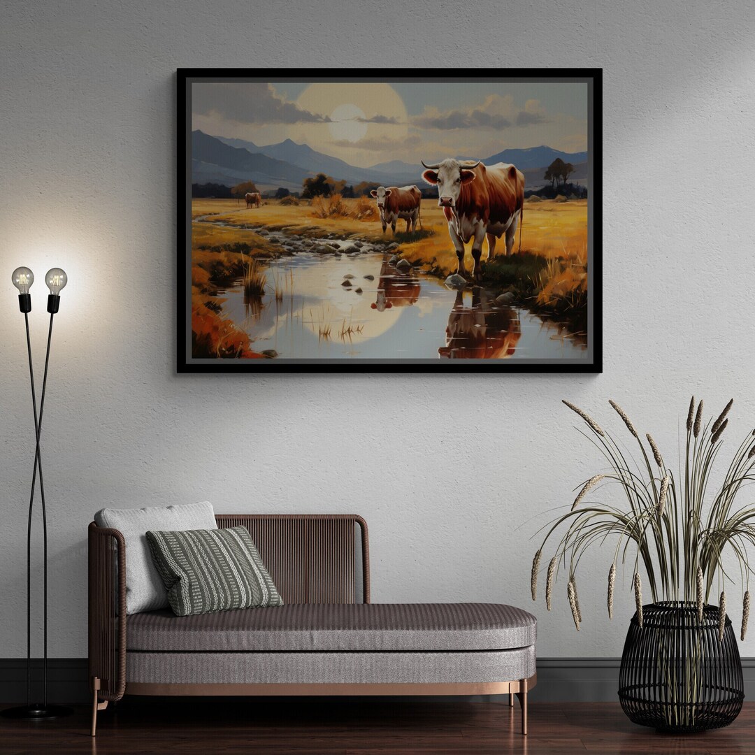 Grazing Cows Wall Art, Nature Landscape Framed Canvas, Farmhouse Home ...