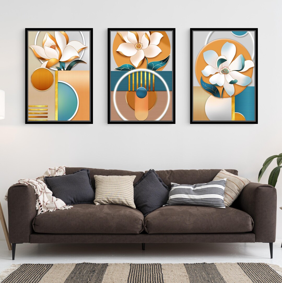 Gold and White Abstract Flower Geometric Patterns Set of 3 Canvas Wall ...
