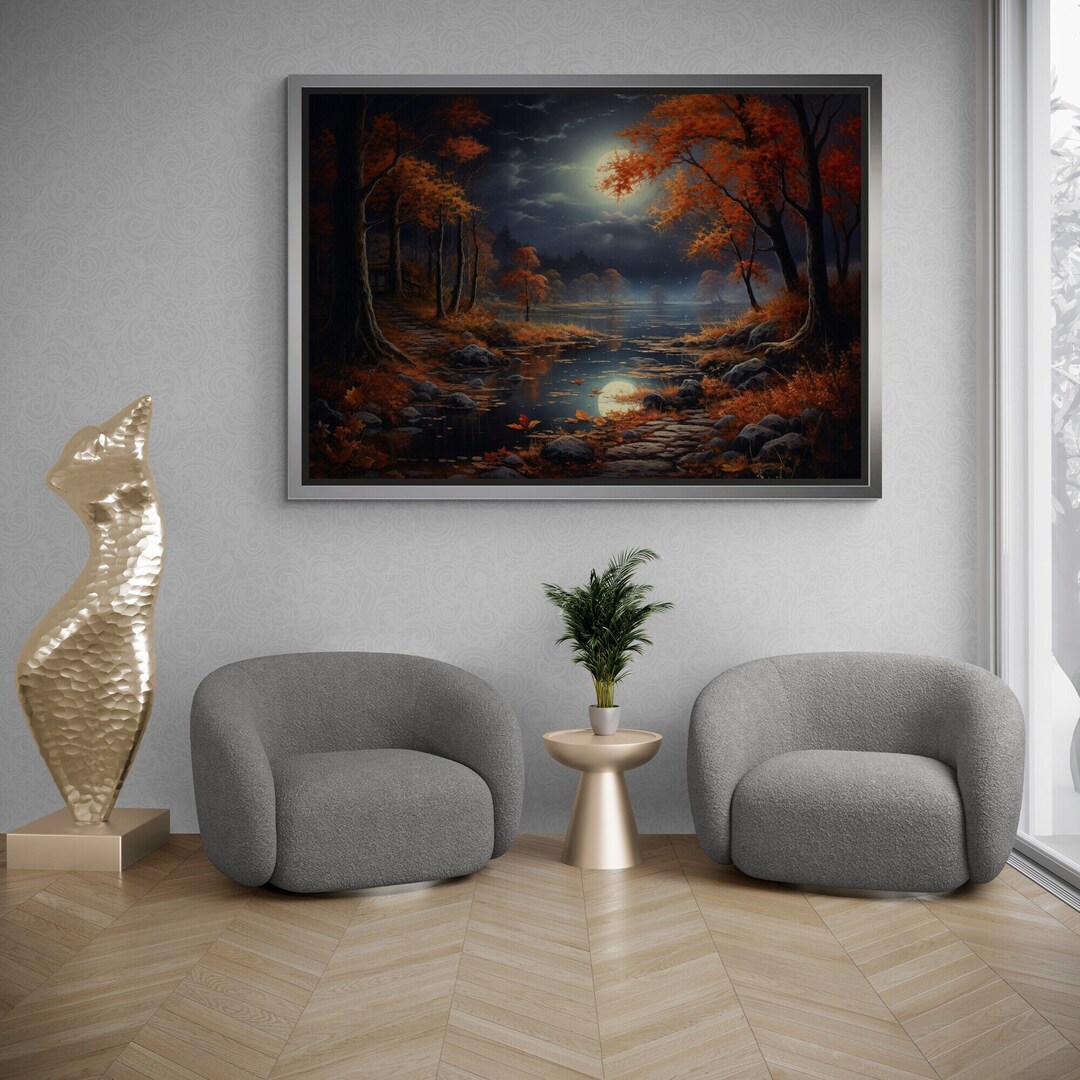 Lake Landscape Framed Canvas, Autumn Night View Wall Art, Forest Wall ...
