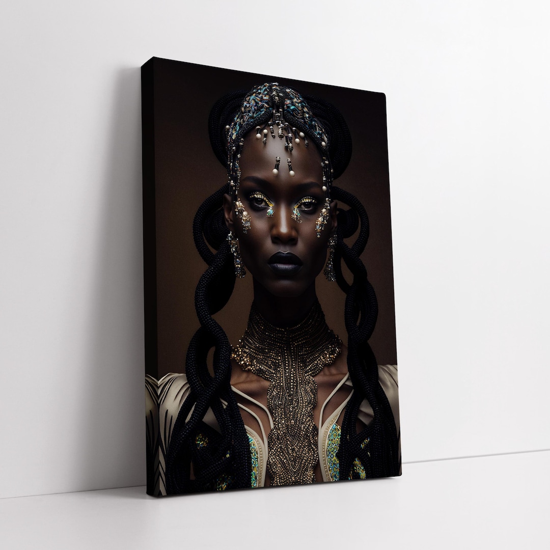 Regal African Woman Canvas Wall Art Golden Jewelry Portrait Dark Tones ...