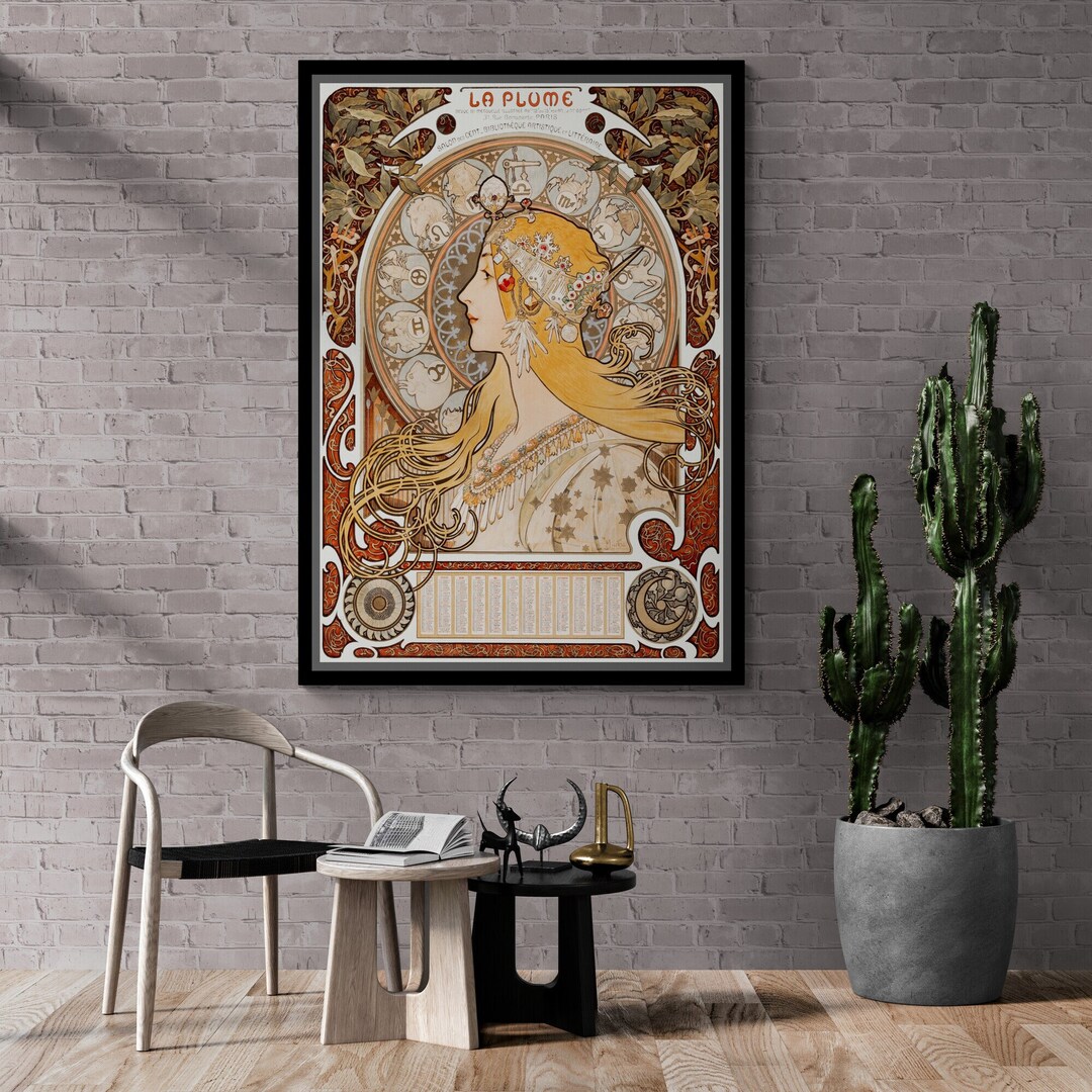 Alphonse Mucha Framed Canvas, Zodiaque or La Plume Wall Art, Flowers ...