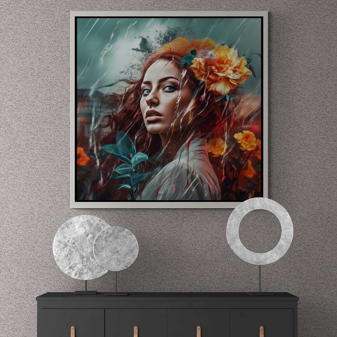Woman Framed Canvas, Beautiful Woman Wall Art, Floral Woman Canvas ...