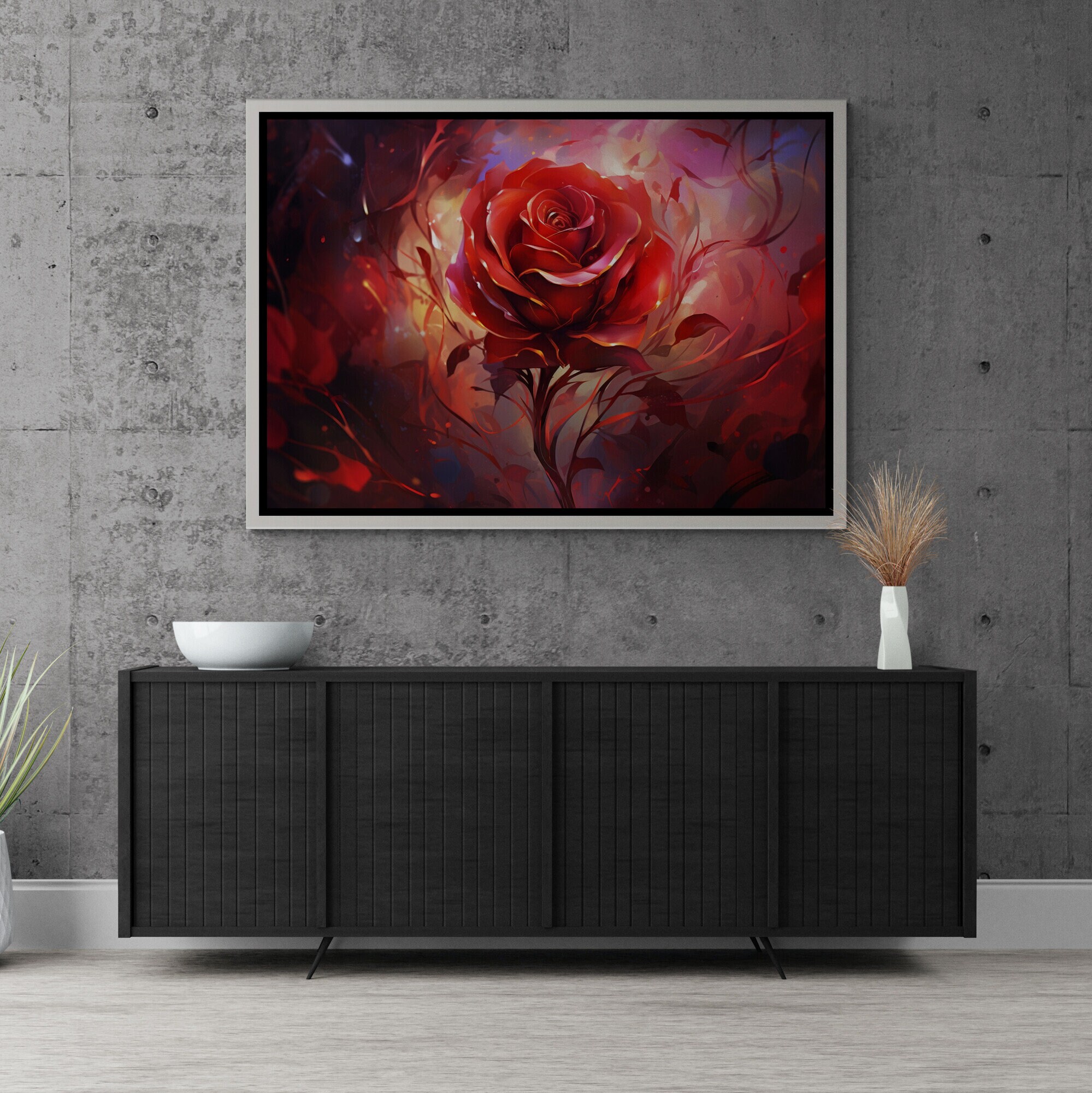 Red Rose Framed Canvas, Flowers Wall Art, Abstract Wall Art, Floral ...