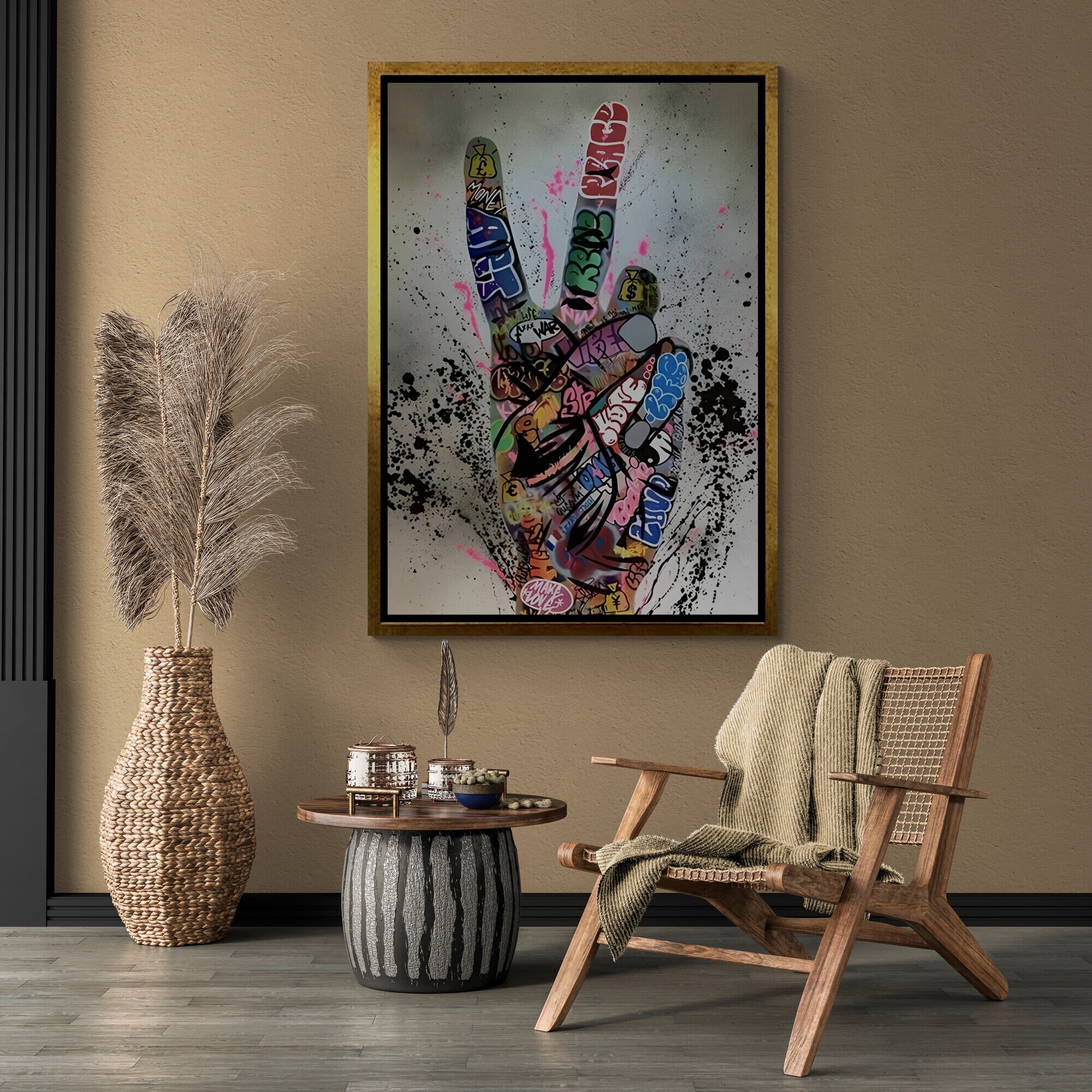 Banksy Graffiti Wall Art, Graffiti Victory Sign Framed Canvas, Banksy ...
