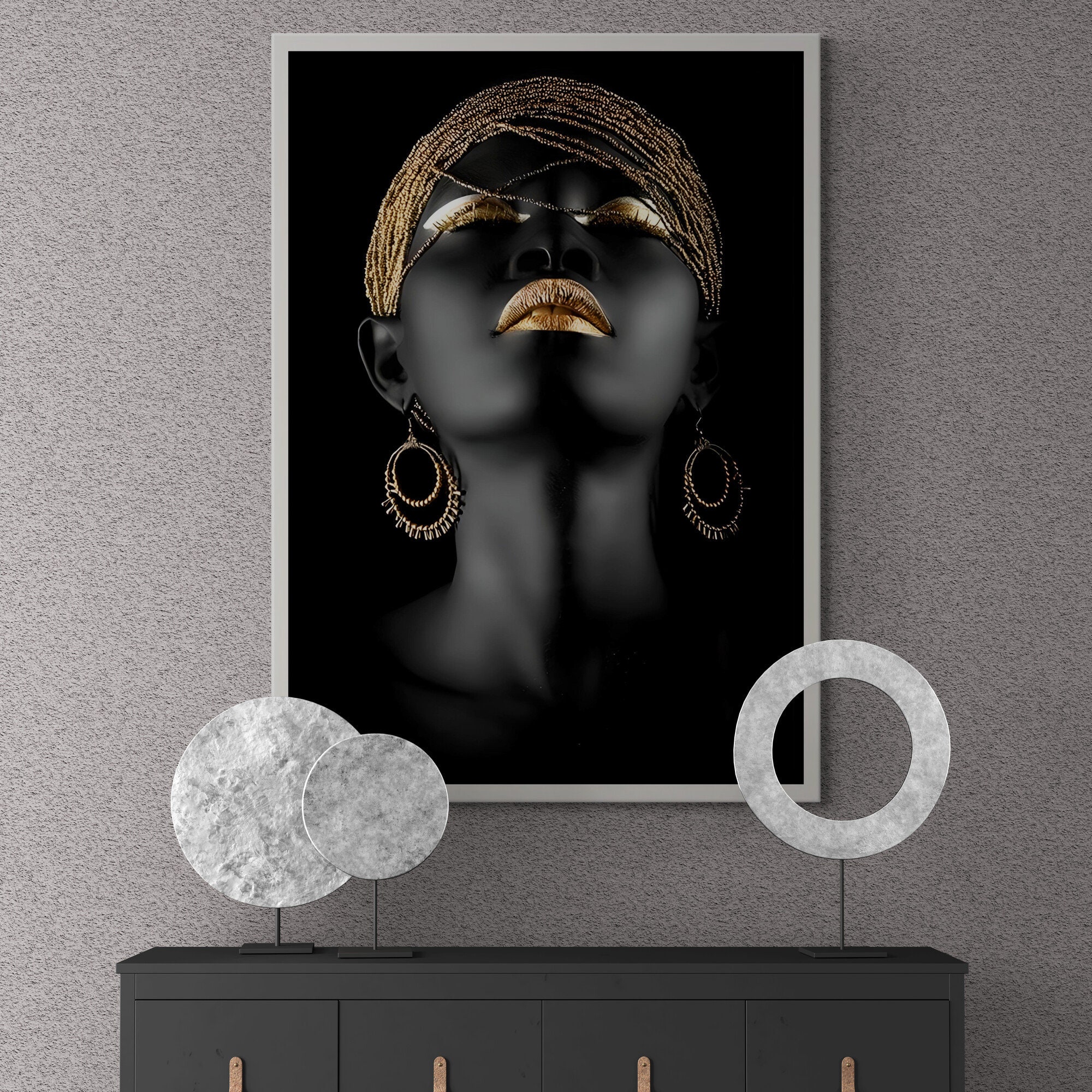 African Woman Wall Art, Black Woman Face Framed Canvas, Golden Lips Wall Art, Black Woman Canvas ...