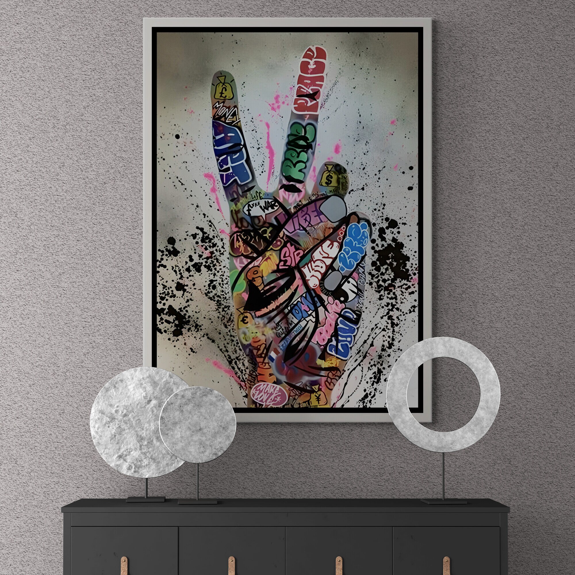 Banksy Graffiti Wall Art, Graffiti Victory Sign Framed Canvas, Banksy ...