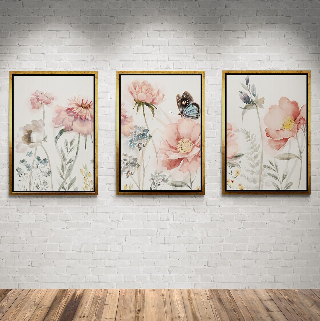 Colorful Flowers Wall Art, Butterfly Framed Canvas, Pink Flowers Canvas ...