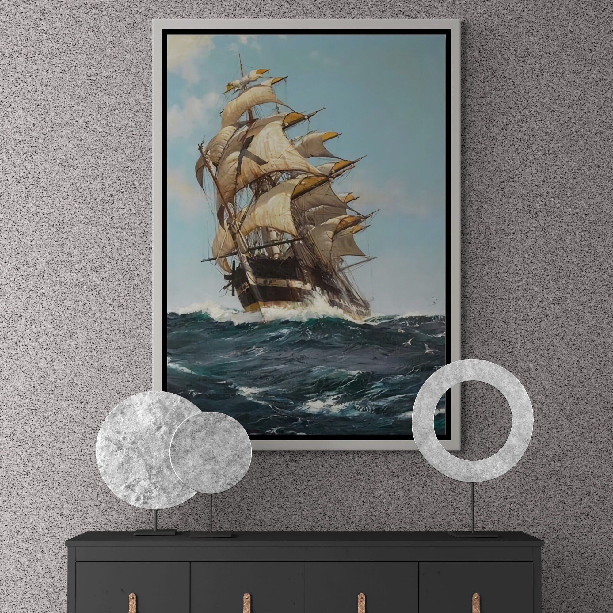 Sailing Ship Wall Art, Seascape Framed Canvas, Ship Wall Art, Wavy Sea ...