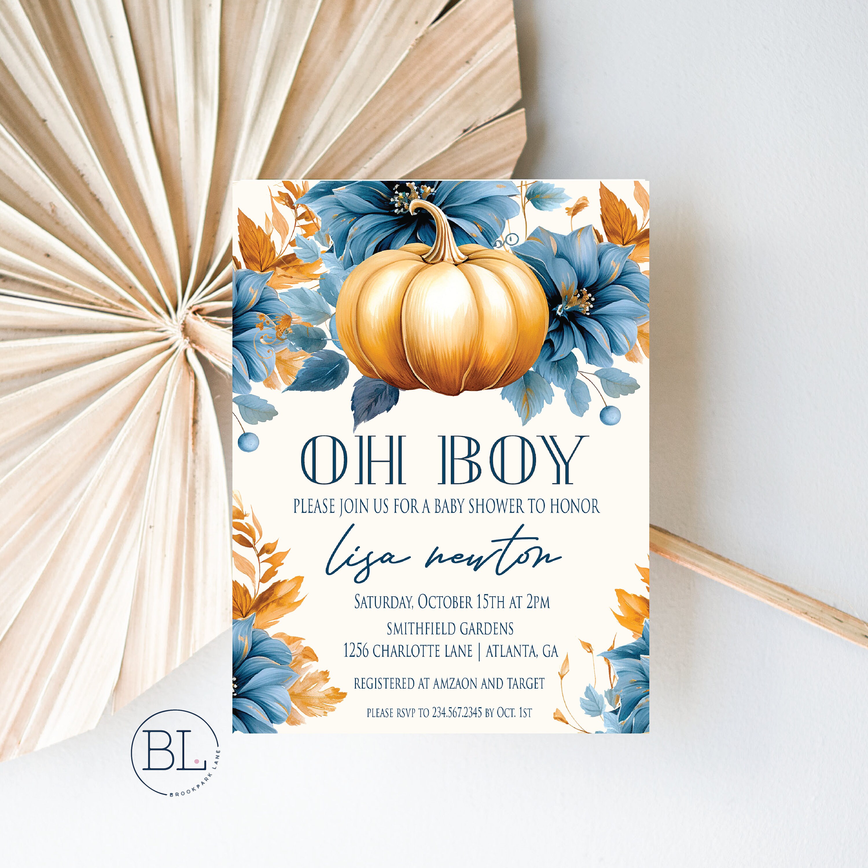 Fall Boy Baby Shower Invitation, Blue Pumpkin Baby Shower It's A Boy, A ...