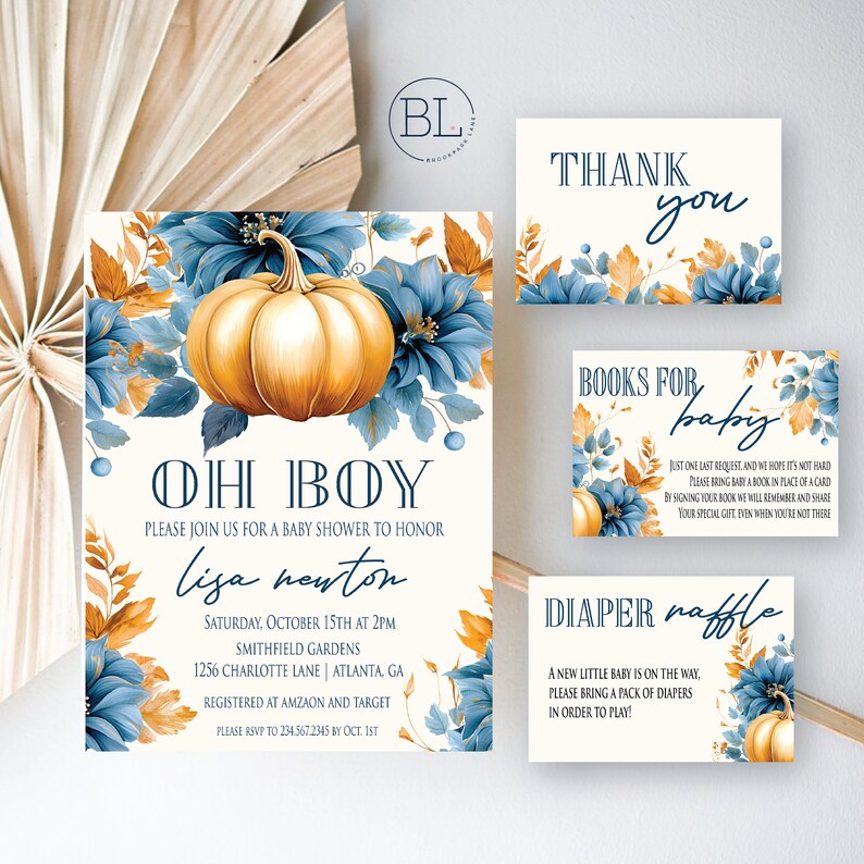 Fall Boy Baby Shower Invitation, Blue Pumpkin Baby Shower It's A Boy, A ...