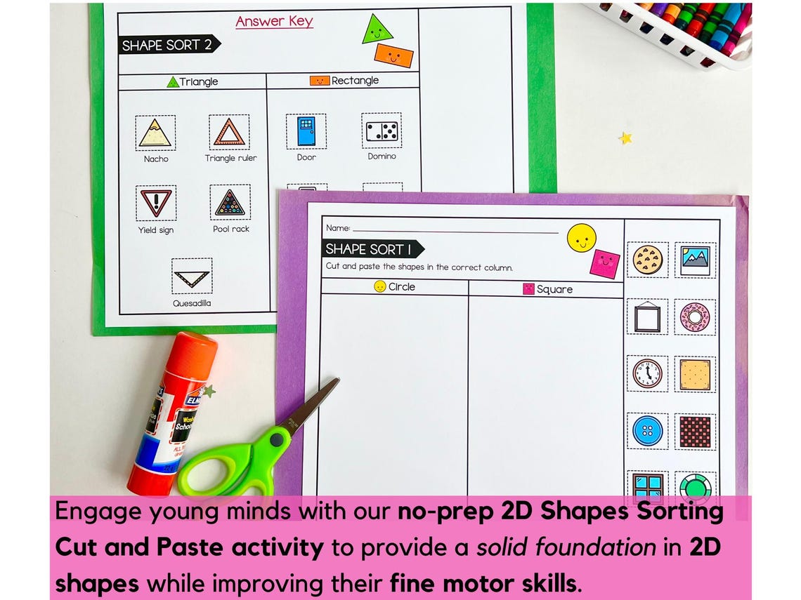2D Shape Sorting Cut and Paste Activity Worksheets for Kindergarten ...