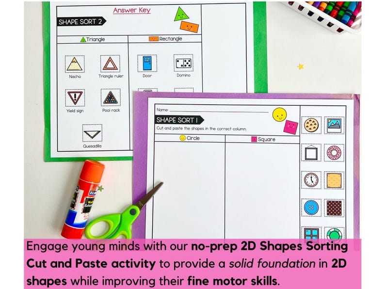 2D Shape Sorting Cut and Paste Activity Worksheets for Kindergarten ...