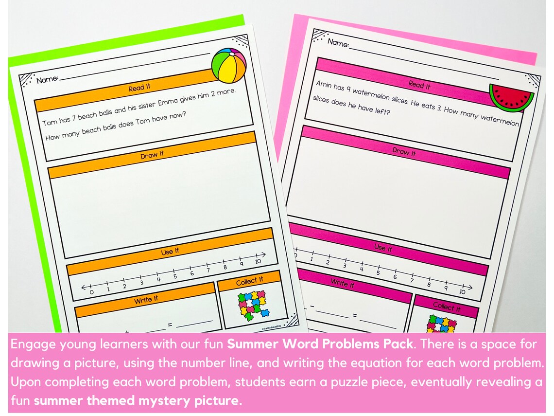 Summer Word Problems | Printable Kindergarten Addition and Subtraction ...