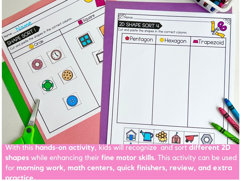 2D Shape Sorting Cut and Paste Activity Worksheets for Kindergarten ...
