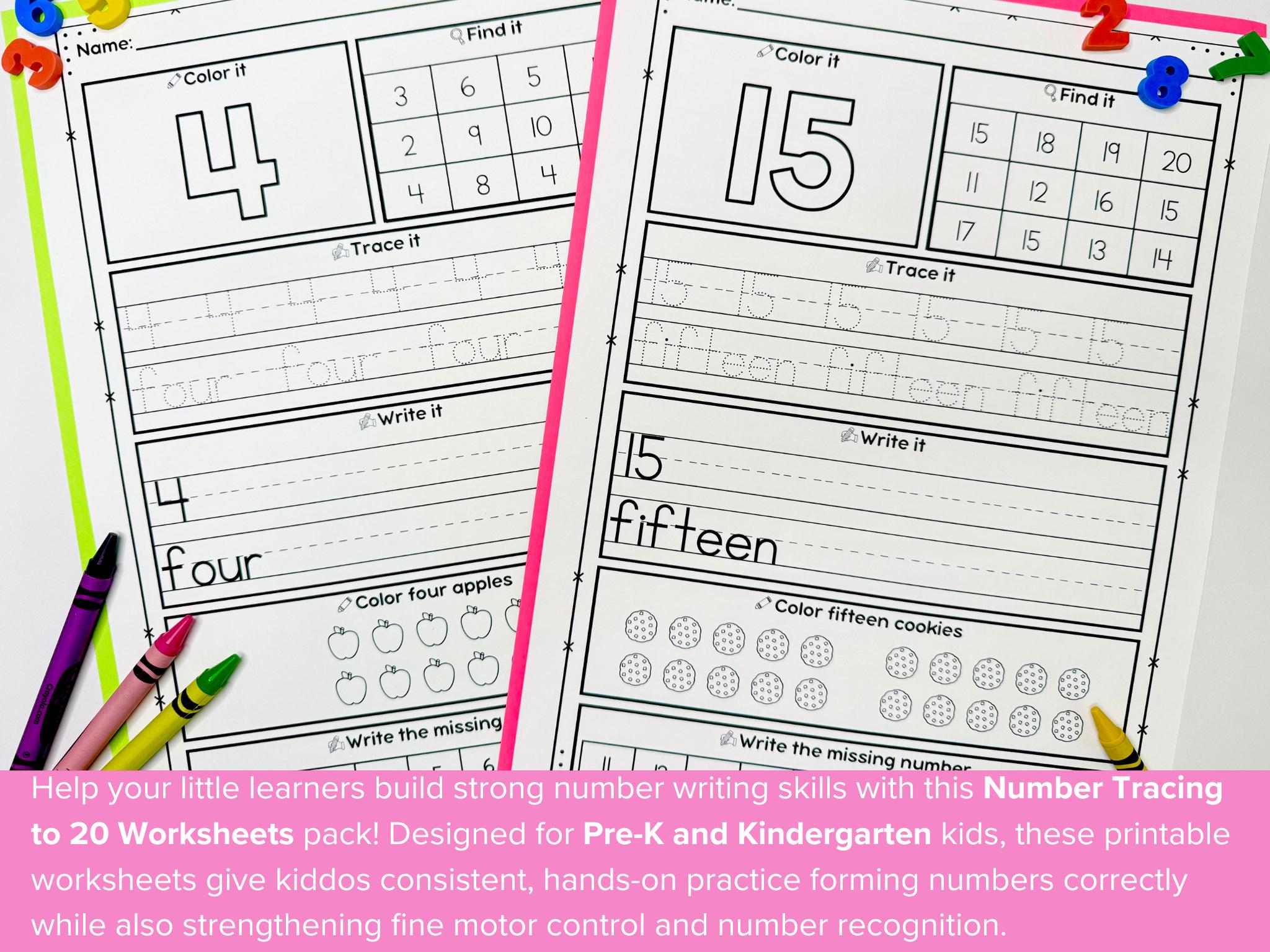 Number Tracing Worksheets 1 to 20 for Preschool and Kindergarten ...