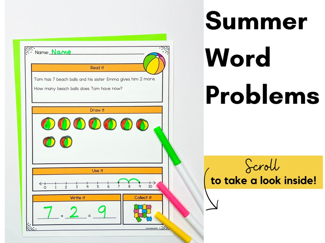 Summer Word Problems | Printable Kindergarten Addition and Subtraction ...