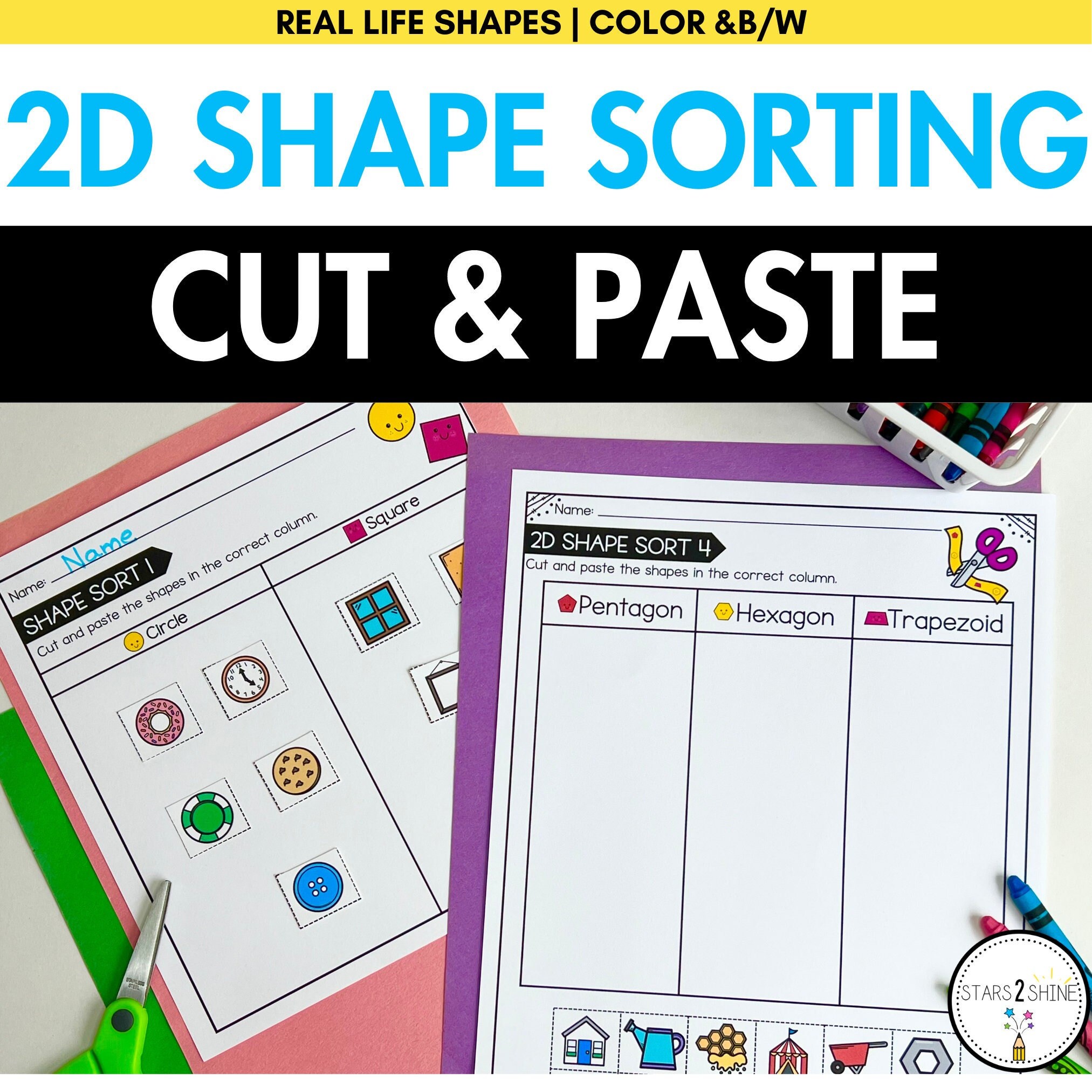 2D Shape Sorting Cut and Paste Activity Worksheets for Kindergarten ...