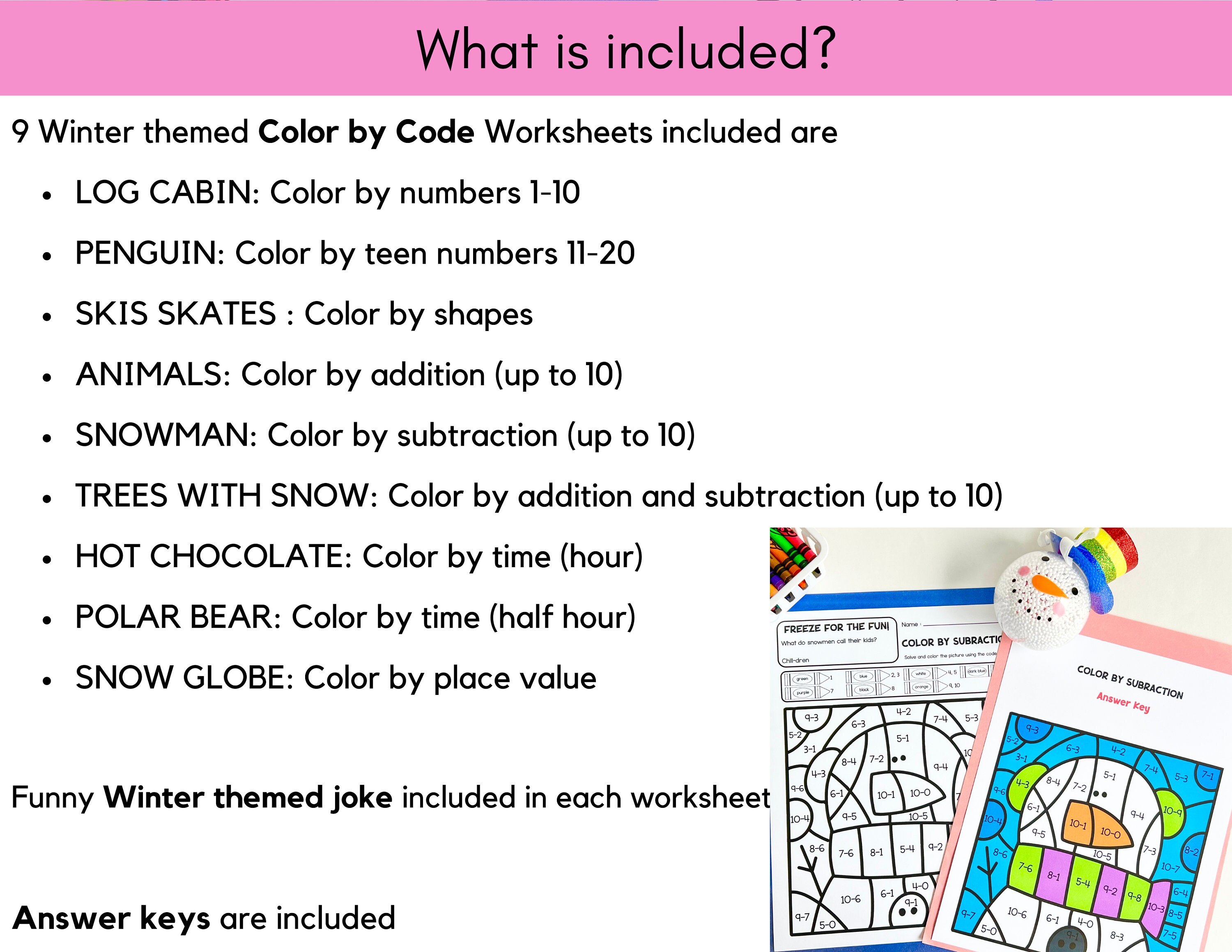 Winter Color by Code | Winter Color by Number Addition Subtraction ...