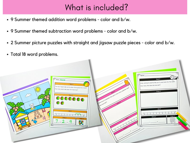 Summer Word Problems | Printable Kindergarten Addition and Subtraction ...