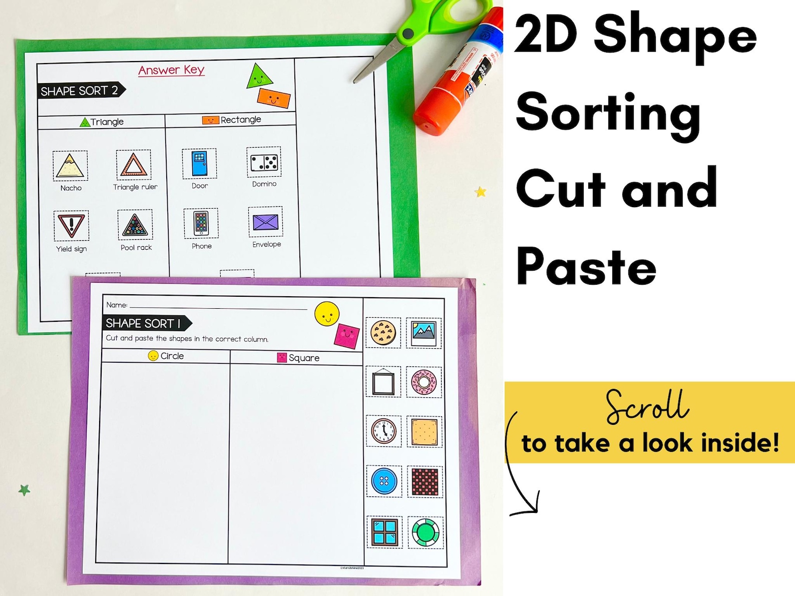 2D Shape Sorting Cut and Paste Activity Worksheets for Kindergarten ...