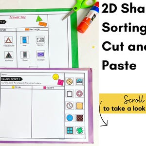2D Shape Sorting Cut and Paste Activity Worksheets for Kindergarten ...